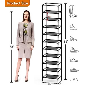 kefron Narrow Shoe Rack Organizer with Oxford Dustproof Cover, 0.13㎡ 10 Tiers 20-22 Pairs Tall Shoe Storage Rack for Closet Enteryway Vertical Shoe Organizer Shell