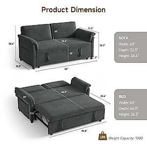 ONBRILL 60" Convertible Sofa Bed, 3 in 1 Loveseat Sleeper Sofa Couch Bed with Pull-Out Bed, Chenille Pull Out Sofa Bed w/Adjustable Backrest, Side Pockets, Black Small Couches for Living Room, Bedroom