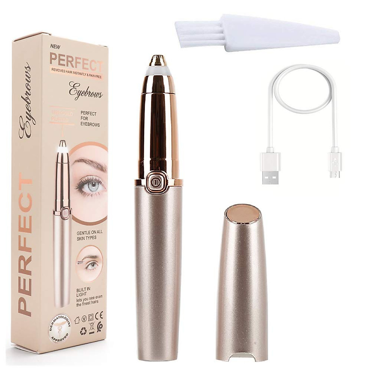 Rechargeable Eyebrow Hair Removal for Women, Painless Electric Eyebrow Trimmer Epilator, Ladies Eyebrow Razor Shaver for Eyebrow Hair Remover with LED Light (Rose Gold)