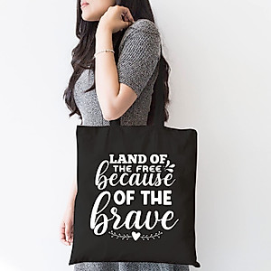 TSIIUO Women's Land of The Free Because of The Brave Canvas Tote Bag Independence Day Patriotic Reusable Shopping Bag Black