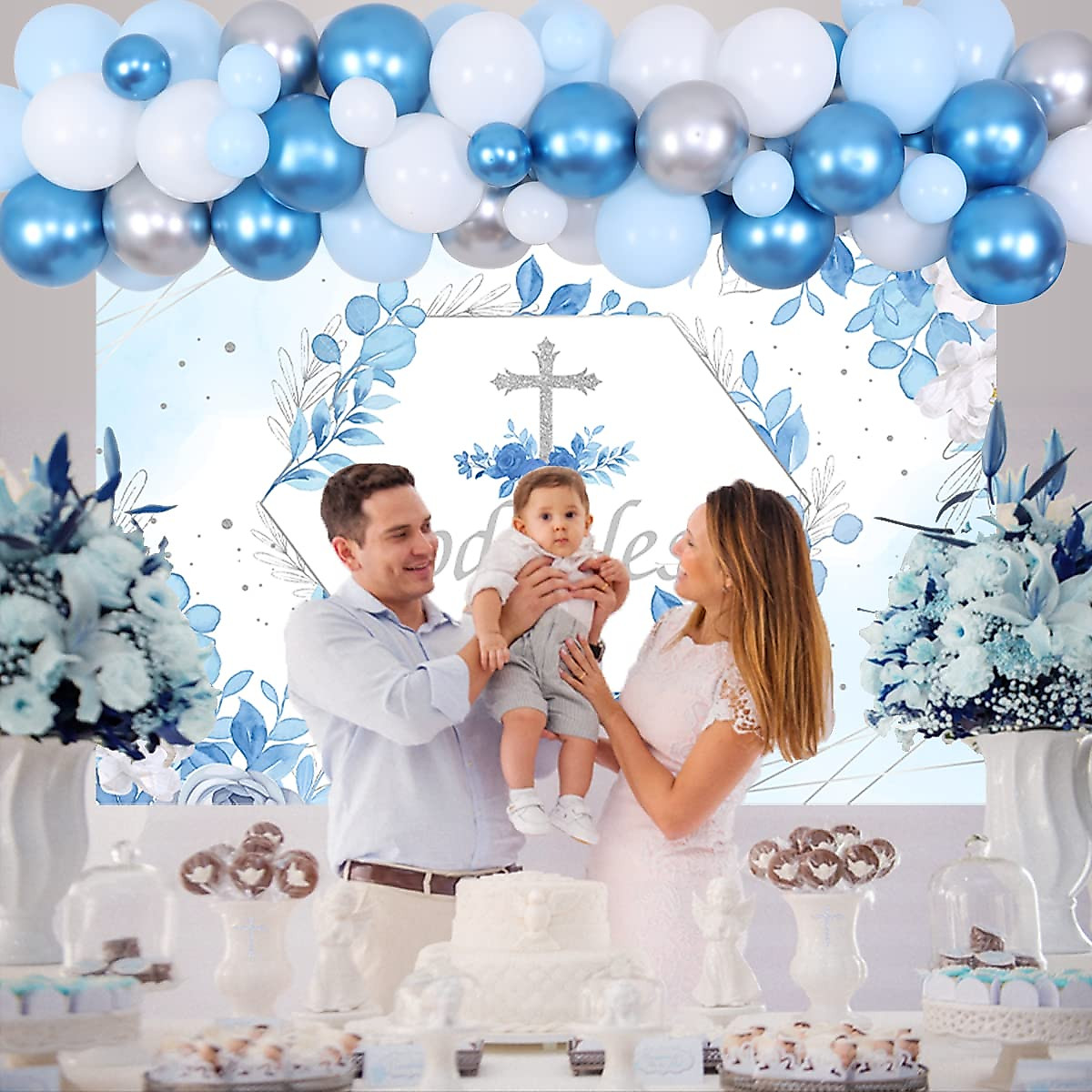 Cheereveal Baptism Party Decorations for Boys Blue, God Bless Party Decorations Blue and Silver Balloon Garland Kit with Backdrop Cross Foil Balloon for First Communion Confirmation Party Supplies