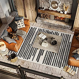 JONATHAN Y MOH207A-4 Khalil Modern Berber Stripe Indoor Farmhouse Area -Rug Bohemian Minimalistic Striped Easy -Cleaning Bedroom Kitchen Living Room Non Shedding, 4 X 6, Cream,Black