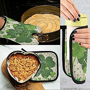 Irish Green Shamrock Oven Mitts Pot Holder Sets 2pcs St. Patrick's Day Non-Slip Kitchen Heat Resistant Hot Pads for Women Cooking Gloves Baking Wear BBQ