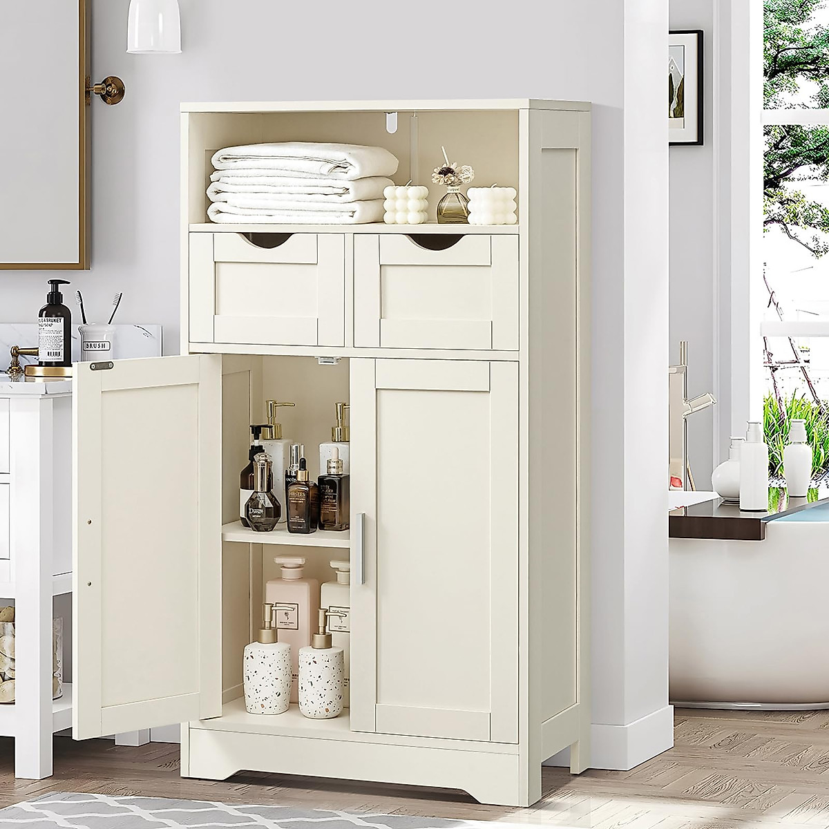 Iwell Tall Storage Cabinet, Bathroom Cabinet with 2 Drawers & 2 Adjustable Shelves, Bathroom Floor Cabinet for Living Room, Home Office, Soft White