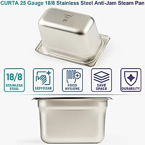 CURTA 6 Pack Anti-Jam Slotted Hotel Pans with Lids, 1/9 Size 4 Inch Deep, NSF Commercial 18/8 Stainless Steel Chafing Steam Table Food Pan with Covers
