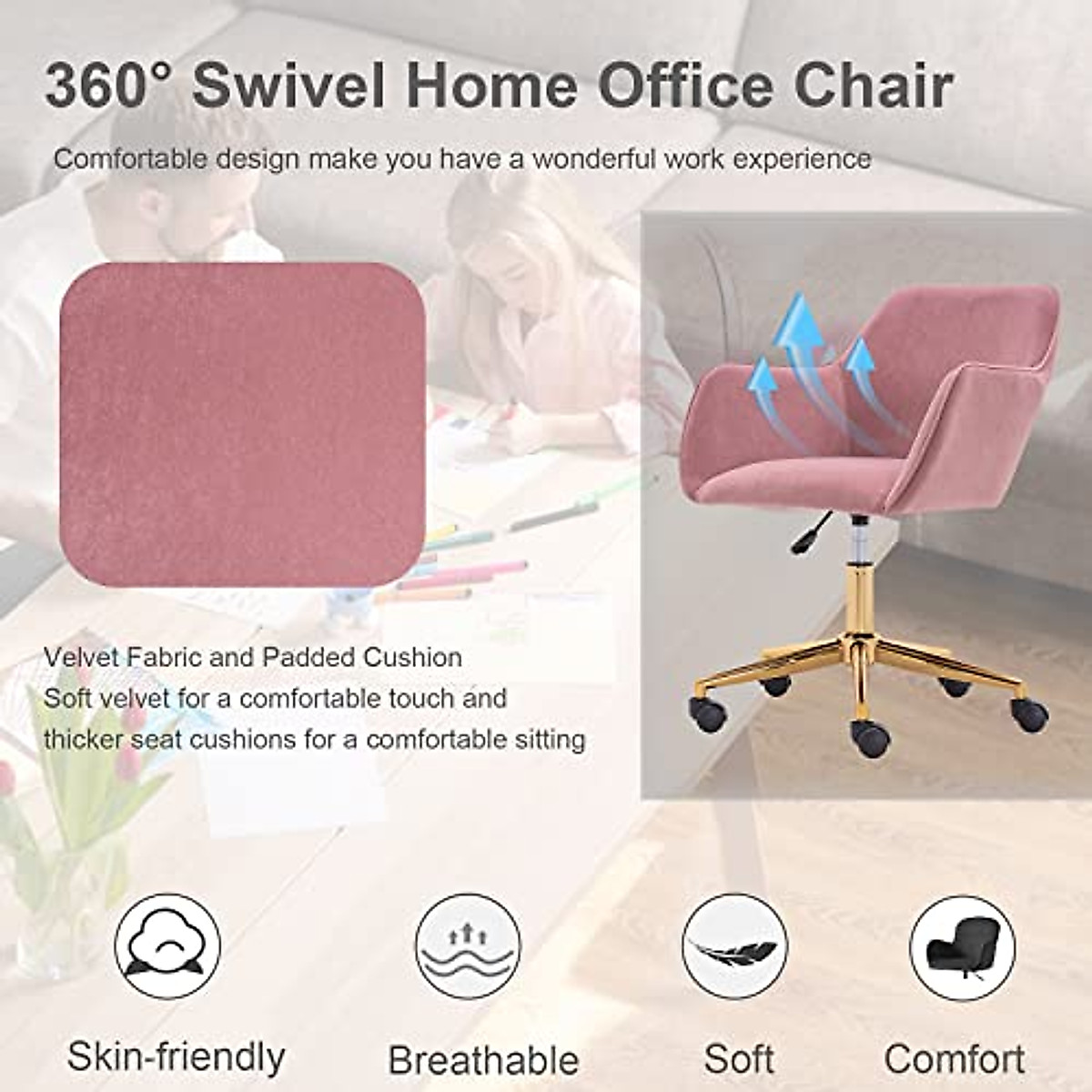 Yoluckea Modern Velvet Swivel Office Chair, Adjustable Height, Ergonomic Design, Cute Desk Chair for Home Office, Pink