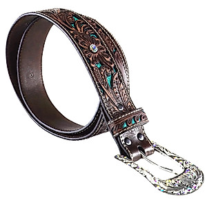 Ariat Women's Blue Inlay Floral Bling Belt, Brown, Small