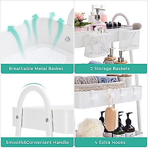 KINGRACK 3-Tier Rolling Cart, Metal Rolling Storage Cart with Handle and Lockable Wheels, 2 Hanging Baskets & 4 Hooks, Utility Cart for Kitchen, Bathroom, Office, White