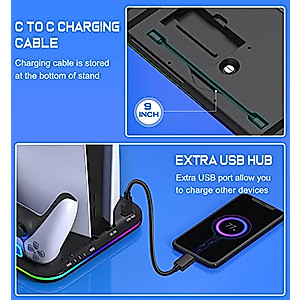 PS5 Stand with 4 Level Cooling Fan and RGB LED, Dual Fast PS5 Controller Charging Station for PS5 Digital/Disc, Accessories Incl. 6 Game Storage, Headset Holder, Dust Baffle