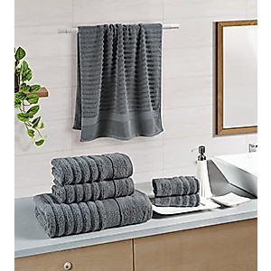 LANE LINEN Ribbed Space Grey Bath Towels for Bathroom Set- 100% Cotton Bath Towel Set, Bathroom Towels Set, Quick Dry, Luxury Towels, 2 Bath Towels, 2 Hand Towels, 2 Wash Cloths - 6 Piece Set