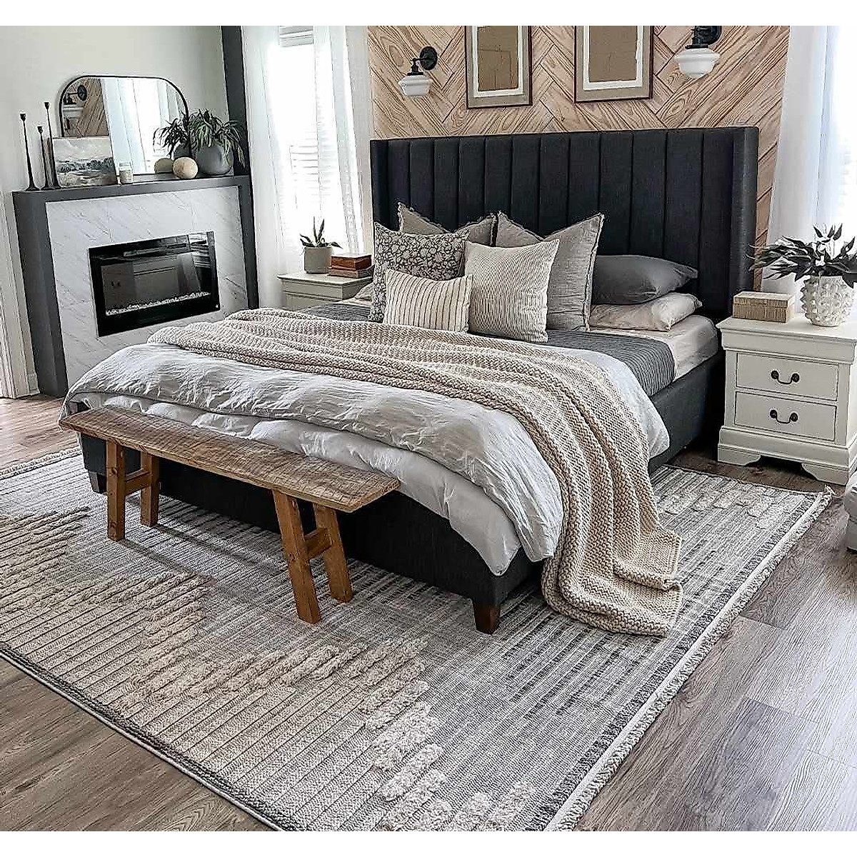 BoutiqueRugs Maulawin Farmhouse High Low Textured Shag Area Rug - Boho Moroccan Geometric Carpet for Living Room, Bedroom, Dining Room - Charcoal, Cream, Peach - 6'7" x 9' (6x9 Area Rug)