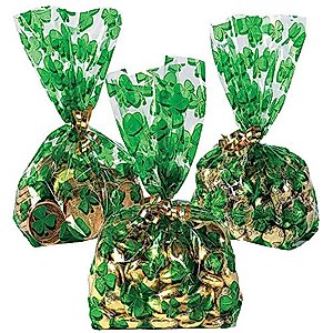 100PCS St Patrick's Day Shamrock Cellophane Bags Party Favors - Saint Patrick's Day Lucky Shamrock Clover Cellophane Bags for Irish Party Decorations Supplies