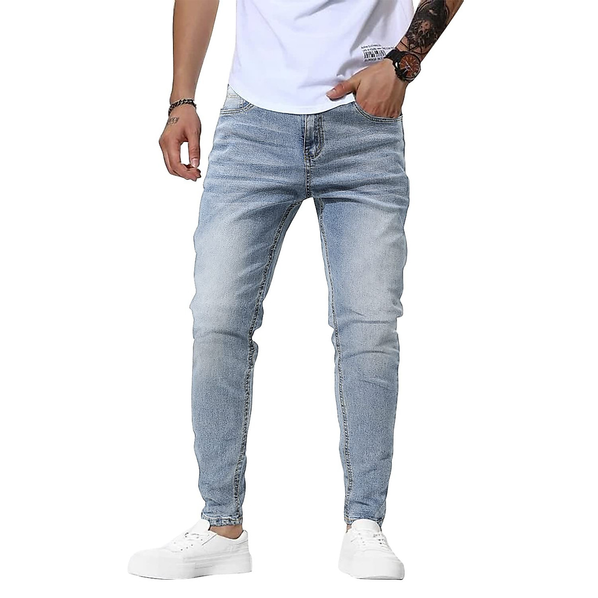 Mens Jeans Slim Fit Light Blue Distressed Skinny Jeans for Men Buckle Tapered Denim Jeans Stretch Fit Long Jean Pants