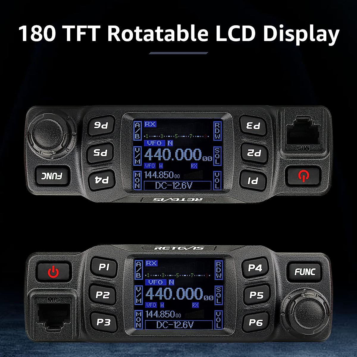 Retevis RT95 Dual Band Mobile Radio, Dual Speaker Mobile Transceiver, 200 Channels 180 Degree Rotatable LCD Display, 2m 70cm Mini Mobile Two Way Radio for RV 4x4 Offroad (1 Pack)