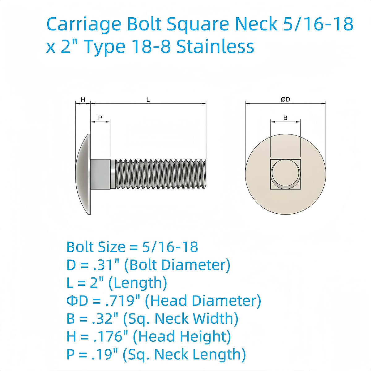 5/16"-18 X 2(25pc) Stainless Carriage Bolt, 18-8 Stainless Steel Full Thread Coverage,Carriage Bolt,by SANTIE