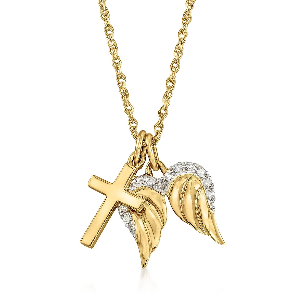 Ross-Simons 14kt Yellow Gold Cross and Angel Wings Pendant Necklace With Diamond Accents. 18 inches