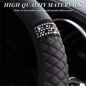 DBYUME Leather Car Steering Wheel Cover with Bling Bling Crystal Rhinestones, Universal 15 Inch Car Anti-Slip Steering Wheel Protector for Women Girls (Black)