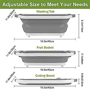 Collapsible Cutting Board, HI NINGER Chopping Board with Towel Kitchen Foldable Camping Dishes Sink Space Saving 3 in 1 Multifunction Storage Basket for BBQ Prep/Picnic/Camping (Grey)
