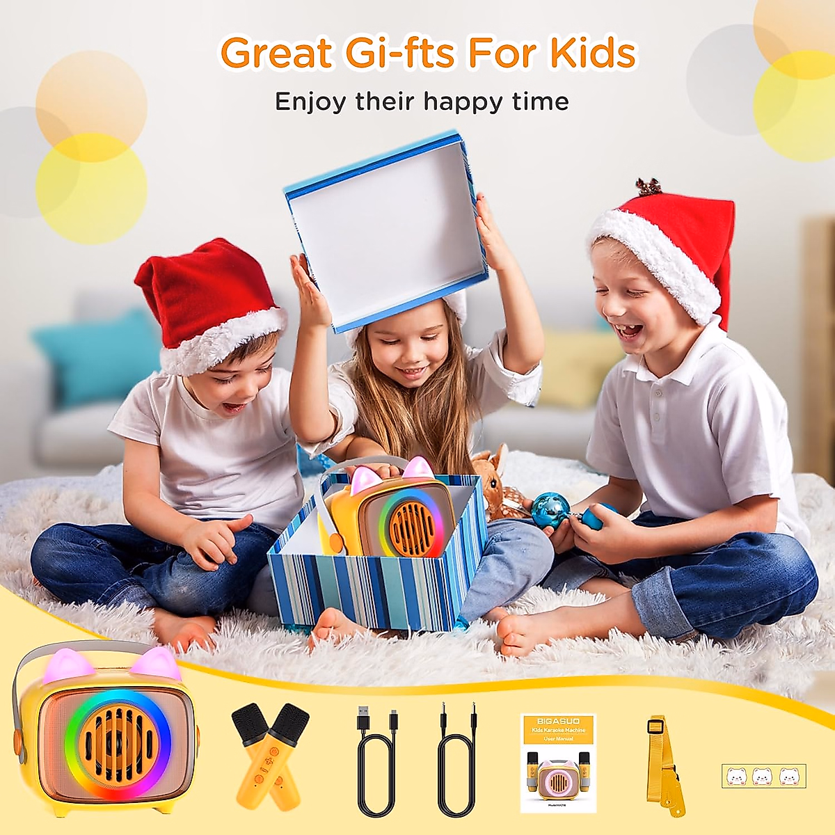 BIGASUO Kids Karaoke Machine, Portable Bluetooth Speaker with 2 Wireless Microphones, Music Toys for Girls & Boys, Birthday Gifts for Toddlers Kids Age 4, 5, 6, 7, 8, 9, 10+ Year Old