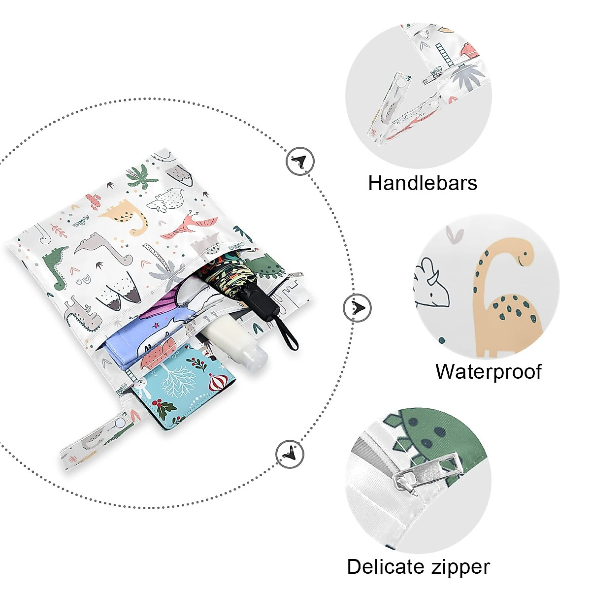 GOODOLD 2pcs Travel Wet and Dry Bag, Fashion Waterproof Wet Bags for Diapers, Swimwear, ect. Beach/Travel, Carton Dinosaur