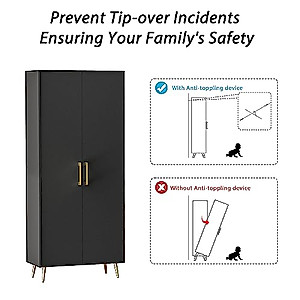 NOVAMAISON 69” Tall Storage Cabinet - Black Storage Cabinet w/ 2 Doors and Adjustable Shelves, Freestanding Kitchen Pantry w/Gold Handles and Legs, Wooden Wardrobe Cabinet for Bedroom, Laundry