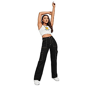 SweatyRocks Women's High Waist Cargo Jeans Flap Pocket Wide Leg Denim Pants Solid Black XXS