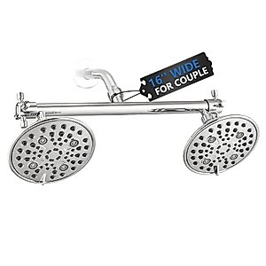 Proox Double Shower Head with Built-in Valve, High Pressure 6 Setting Dual Shower Head Design for Couple on Walk-in Bathroom or Single on Bathtub Bathroom - Chrome