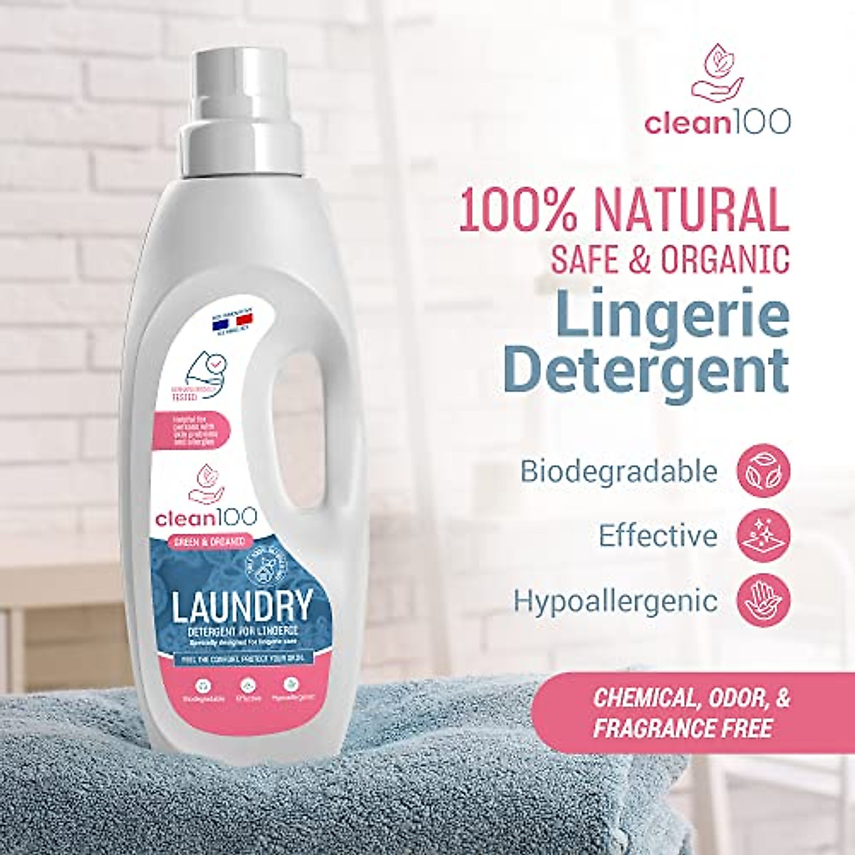 Clean100 100% All Natural Laundry Detergent Liquid for Lingerie 1L - Unscented Plant Based Laundry Detergent Liquid, Chemical & Fragrance-Free - Deep Cleans, Removes Tough Stains, For Sensitive Skin