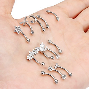 Vsnnsns 16G Rook Daith Piercing Jewelry Stainless Steel 8mm Curved Barbell Eyebrow Rings Cartilage Helix Tragus Belly Lip Rings CZ Piercing Jewelry Daith Rook Earrings for Women Men 12pcs Silve