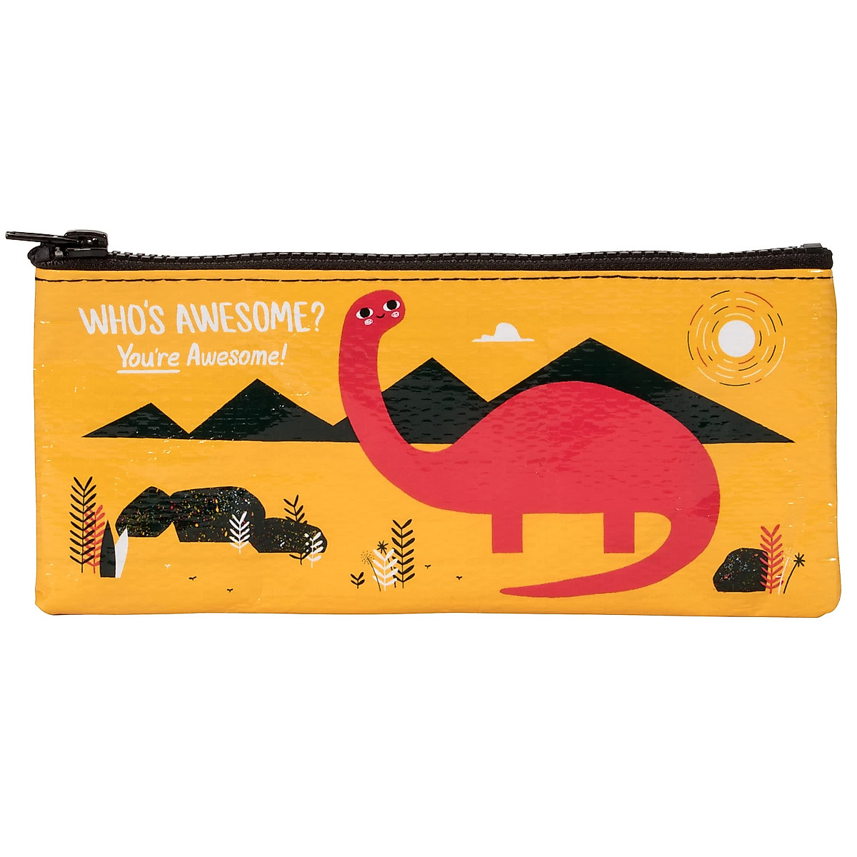 Blue Q Pencil Case ~ Who's Awesome? You're Awesome! (Dinosaur with Dimples). Hefty Zipper, Easy-to-Rinse-Clean, 95% Recycled Material. Store Makeup, Chargers, Coupons, Pencils. 4.25"h x 8.5"w