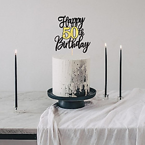 1 PCS Happy 50th Birthday Cake Topper Black Gold Glitter Cheers to 50 Years Birthday Cake Pick 50 Fabulous Cake Decoration for Happy 50th Birthday Anniversary Party Cake Decorations Supplies