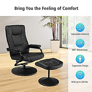 Giantex Recliner Chair w/Ottoman, 360 Degree Swivel PU Leather Armchair w/Footrest, Leisure Lounge Chair w/Leather Wrapped Base, for Home Living Room, Black