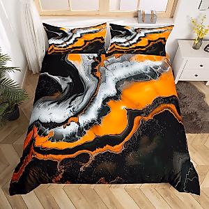Erosebridal Black Marble Duvet Cover Full Gold Orange Watercolor Bedding Set, White Goldern Marbling Bed Set Modern Aesthetic Comforter Cover, Metallic Sequin Bedding Luxurious Bedroom Decoration