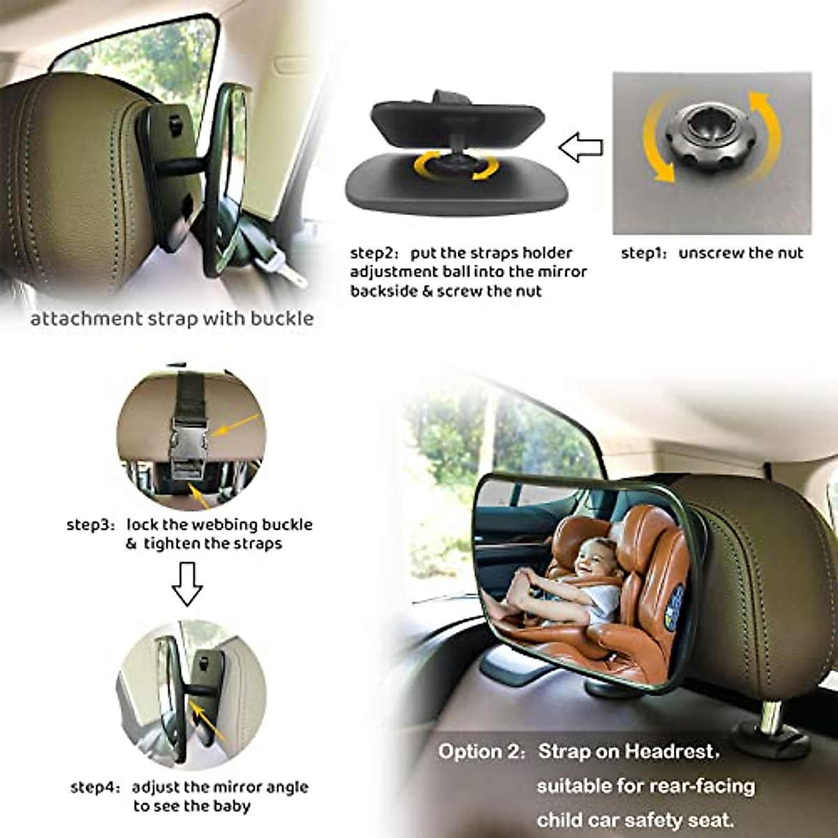KINSEI Baby Car Mirror - Rear View Baby Car Back Seat Mirror - Child Observation Mirror Wide Convex and Shatterproof - 2 way of Connection Suitable for both Rear-facing and Forward-facing