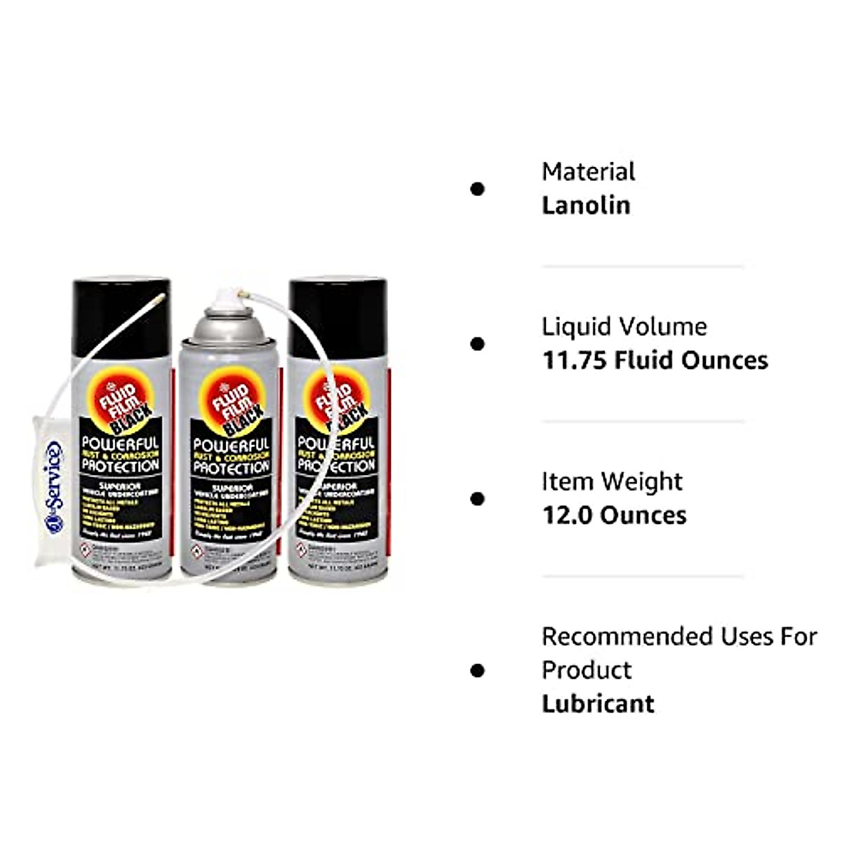 Fluid Film 12 Oz Undercoating Protection Aerosol Spray Can Black 3 Pack, Rust Inhibitor and Prevention, Anti Corrosion Multi Purpose Penetrant and Lubricant, Spray Can Extension Wand and Tissue Pack