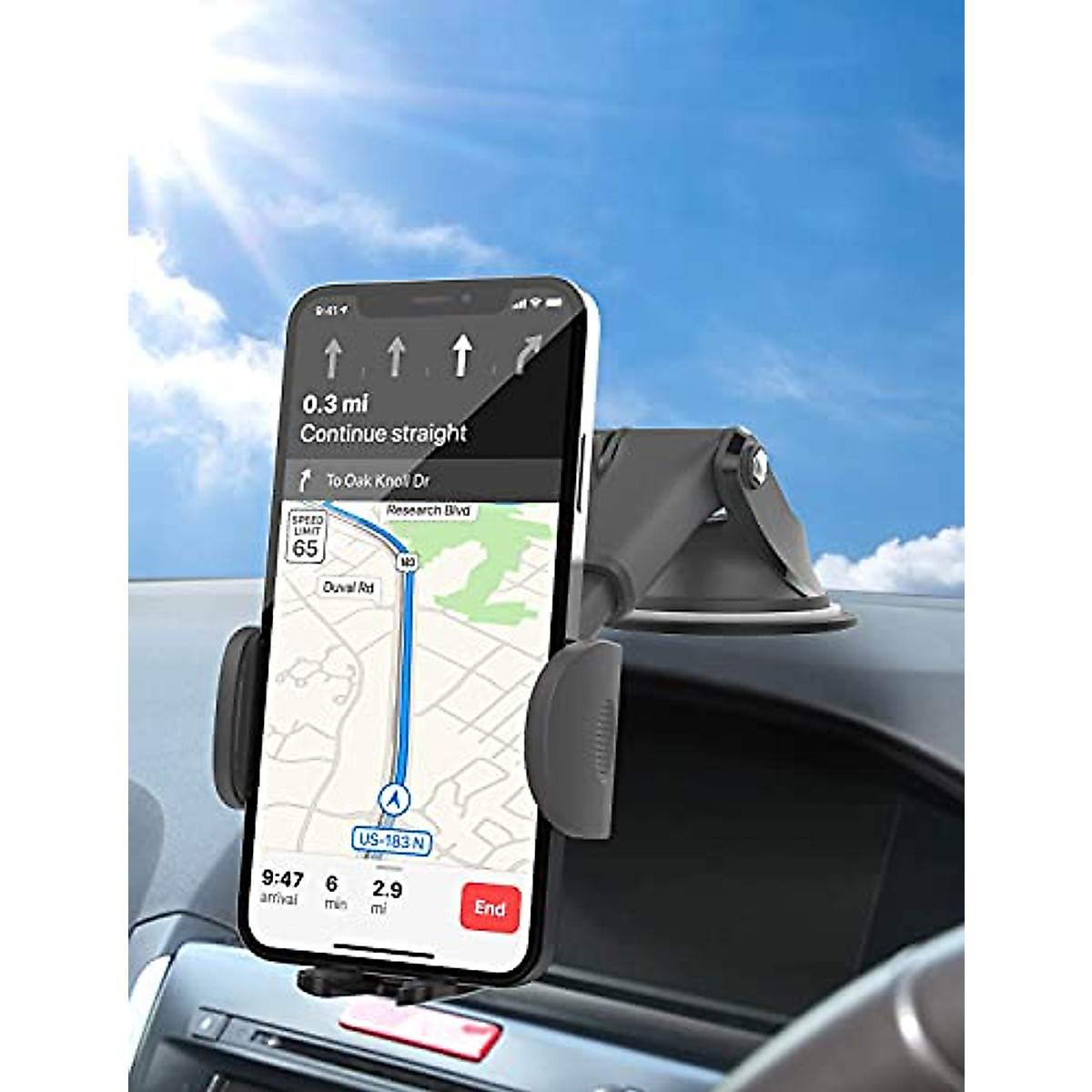 APPS2Car Adjustable Windshield Phone Mount for Car [Quick Extension Long Arm] Suction Cup Cell Phone Holder Compatible with All Smartphones - Easy Clamp Hands-Free Universal