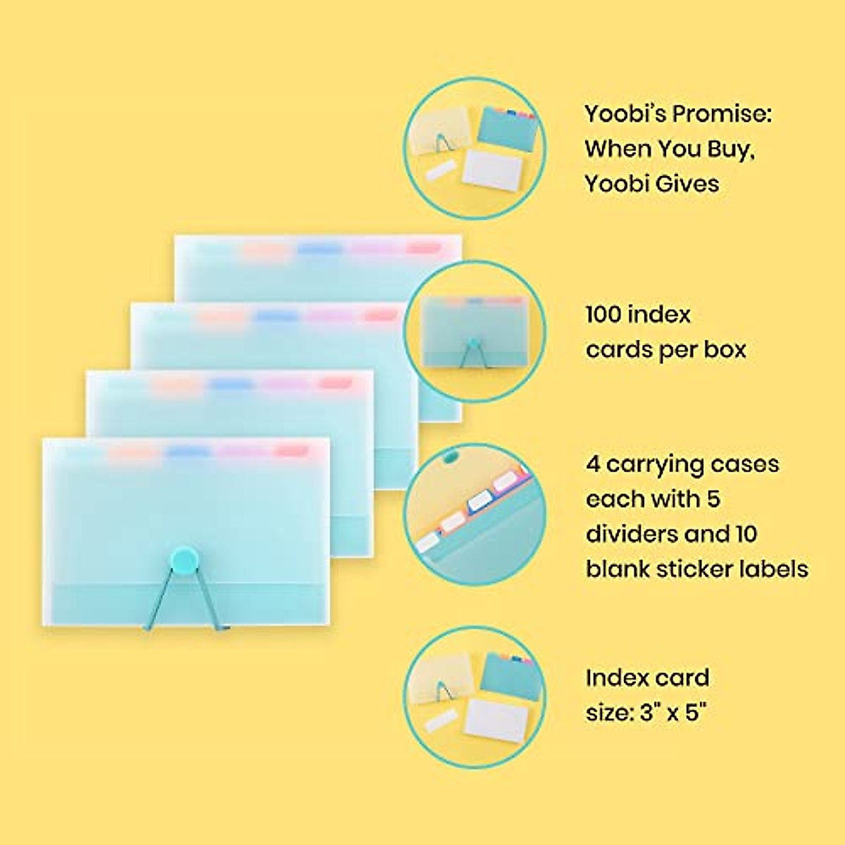 Yoobi Index Card Organization Set - 4 Pack - 3x5 Index Cards with Colorful Tab Dividers in Index Card Cases - 100 Cards Per Box, College Ruled Index Cards, Index Card Dividers Sticker Labels - 4 Pack