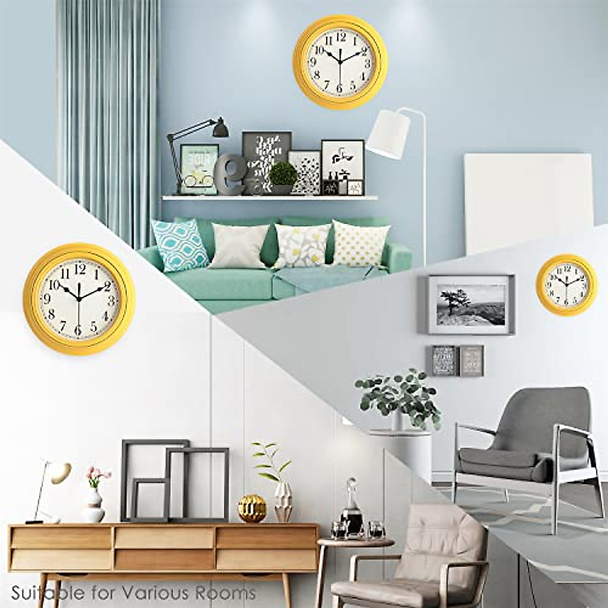 Topkey Silent Wall Clock Kitchen 9 Inch Retro Non-Ticking Decorative Bedroom Office Wall Clock -Yellow