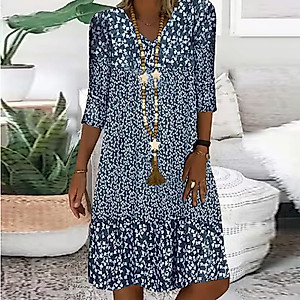 Pejock 3/4 Sleeve Dresses for Women, Womens Summer Short Sleeve V Neck Tshirt Dress Floral Printed Beach Flowy Sundresses midi Dresses for Women Vestidos Sexy Dresses for Women Chiffon Dresses