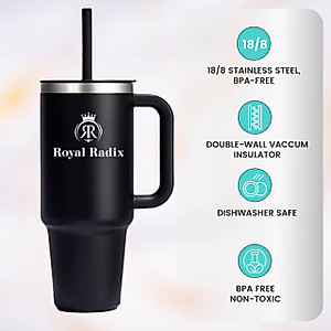 Royal Radix 40oz Insulated Tumbler with Handle & Straw, Stainless Steel Travel Mug, Leak-Proof, Hot & Cold Beverage Cup, BPA-Free, Dishwasher Safe, for Coffee & Water