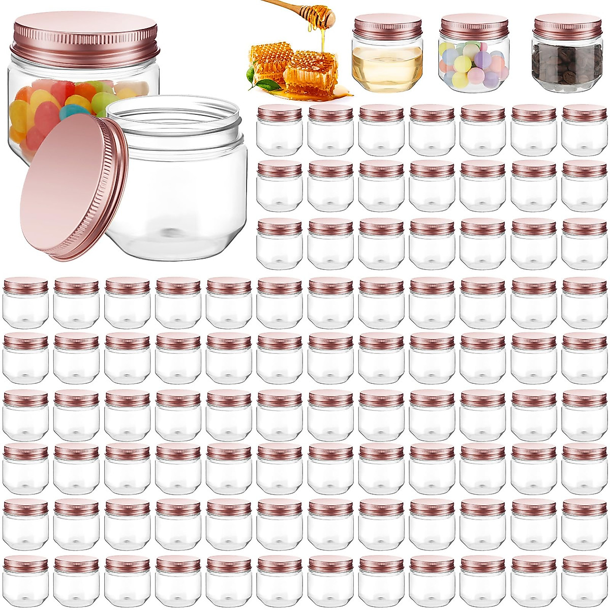 Maxcheck 105 Pcs 3 oz Wide Mouth Mason Jars Clear Plastic Jars with Lids Mini Storage Containers Bulk for Herb Jelly Wedding Favors Shower Party Favors(Rose Gold)