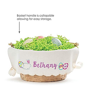 Bunny and Eggs Personalized Easter Egg Basket with Handle and Custom Name | Scallop Edge Linen Easter Basket Liners | Tan Basket | Woven Easter Baskets for Kids | Customized Easter Basket
