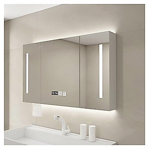 Bathroom Medicine Cabinet,Three Color LED Light,Wall Mounted Vanity Mirror Cabinet with Storage Rack,Suitable for Corridors, Bedrooms, and Living Rooms (Color : White, Size : 100cm)