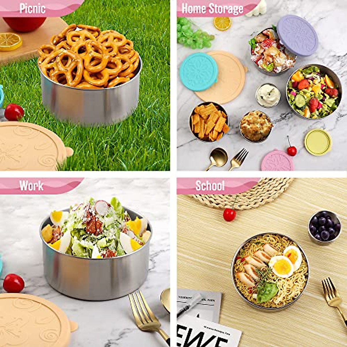 Stainless Steel Containers with Lids, Metal Food Storage Container, Snack Bowls, 5 Pack, Silicone Lid, Nesting, Stackable, Round, Lunch Meal Prep, Salad Bowl, Bento Box for Kids, Toddlers, Houseables