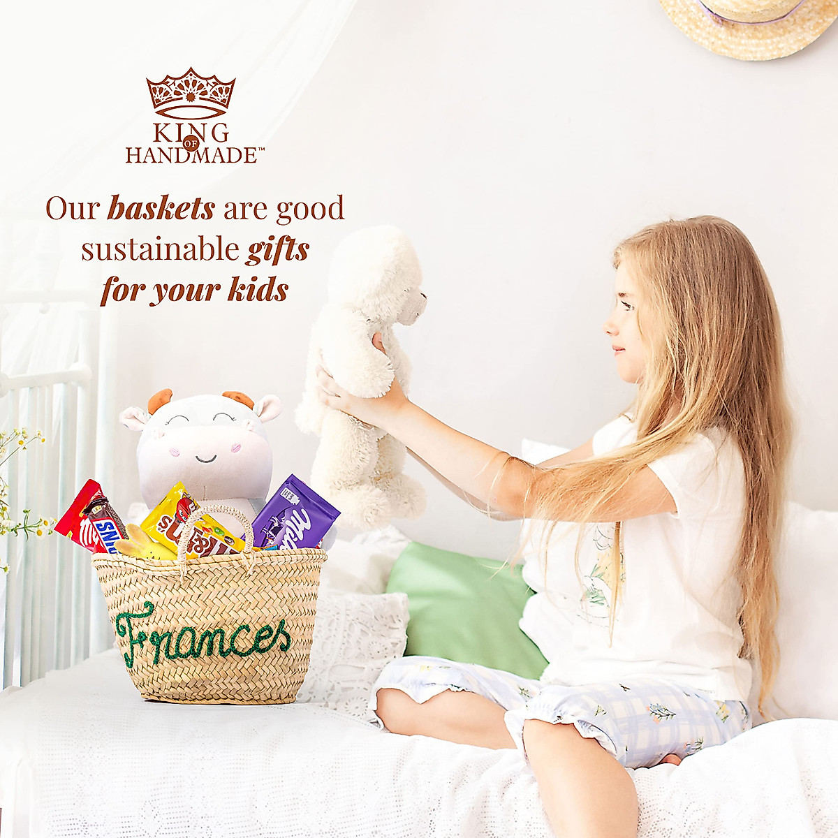 Personalized Easter Basket - Handmade Bunny Baskets with Custom Name, Cute Rabbit and Colorful Pompoms for Kids - Perfect for Easter Egg Hunt, Storage Candies, Spring Birthdays and Baby Showers