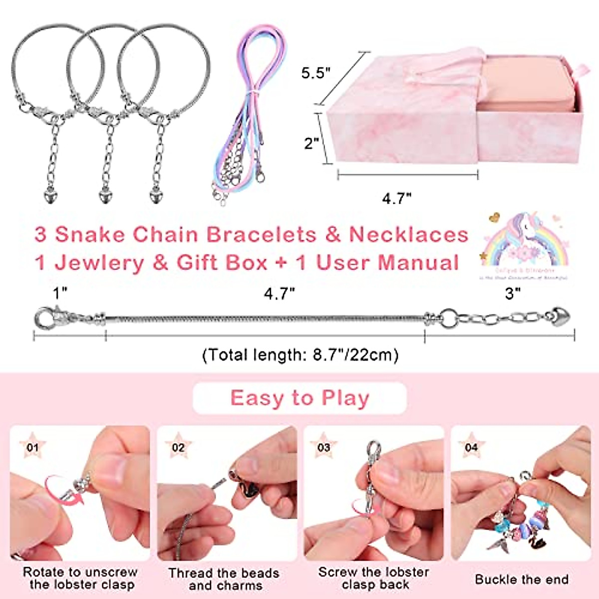 BOYIYUEQI Charm Bracelet Making Kit for Girls, DIY Beaded Jewelery Making, Unicorn/Mermaid/Swan/Dreamy/European Craft Gifts for Teen Girls Age 8-12