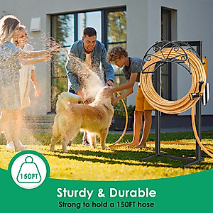 TomCare Garden Hose Holder Heavy Duty Water Hose Holder with 2 Tool Hooks Sturdy 4 Spikes Hose Reel Holds 150ft Hose Freestanding Hose Hanger Hose Storage Organizer for Outside Yard Lawn, Black