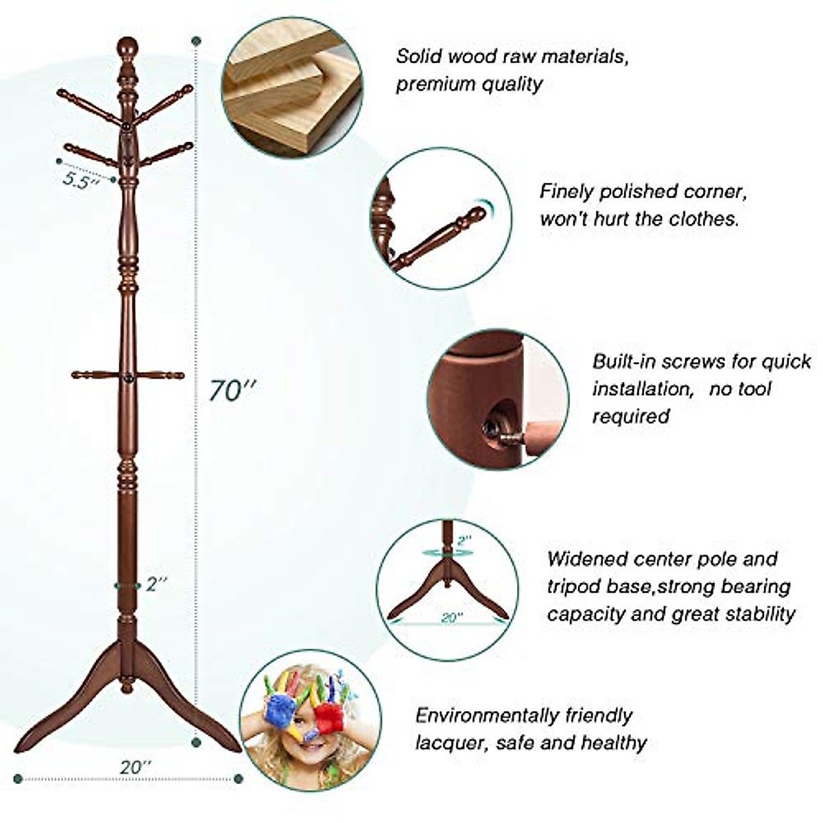 Vlush Free Standing Coat Rack, Wooden Coat Hat Tree Coat Hanger Holder Coat Hook Entryway Hall Tree with Solid Rubber Wood Base, 10 Hooks,Coffee