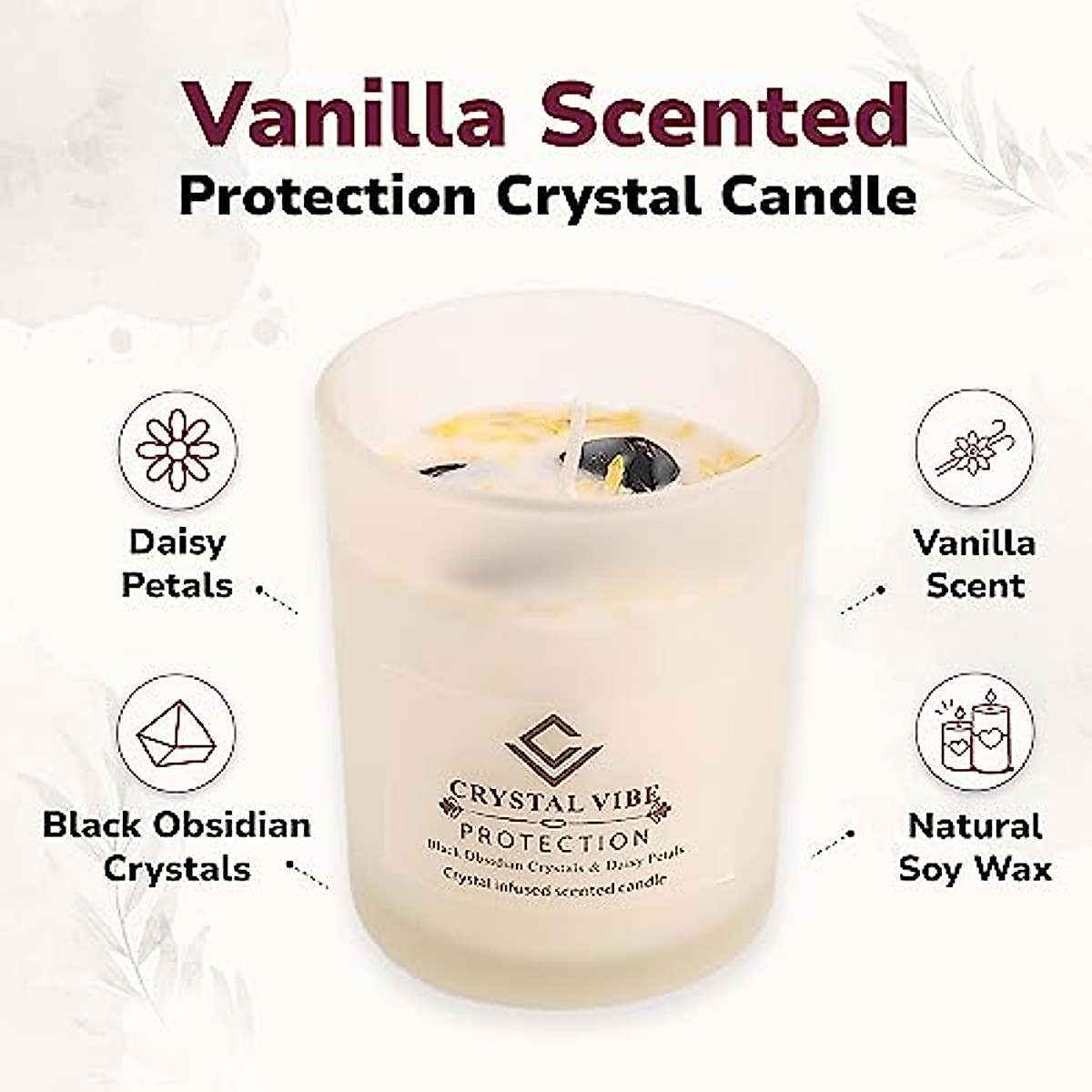 Protection Crystal Candle - Vanilla Scented Candle With Black Obsidian Crystals and Daisy Petals - Candle with Crystals Inside for Positive Energy