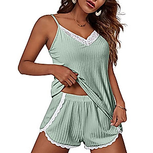 Ekouaer Sleepwear Pjs Set for Women Soft Sleep Shorts Cami Pj V-neck Lingerie Pajamas Green